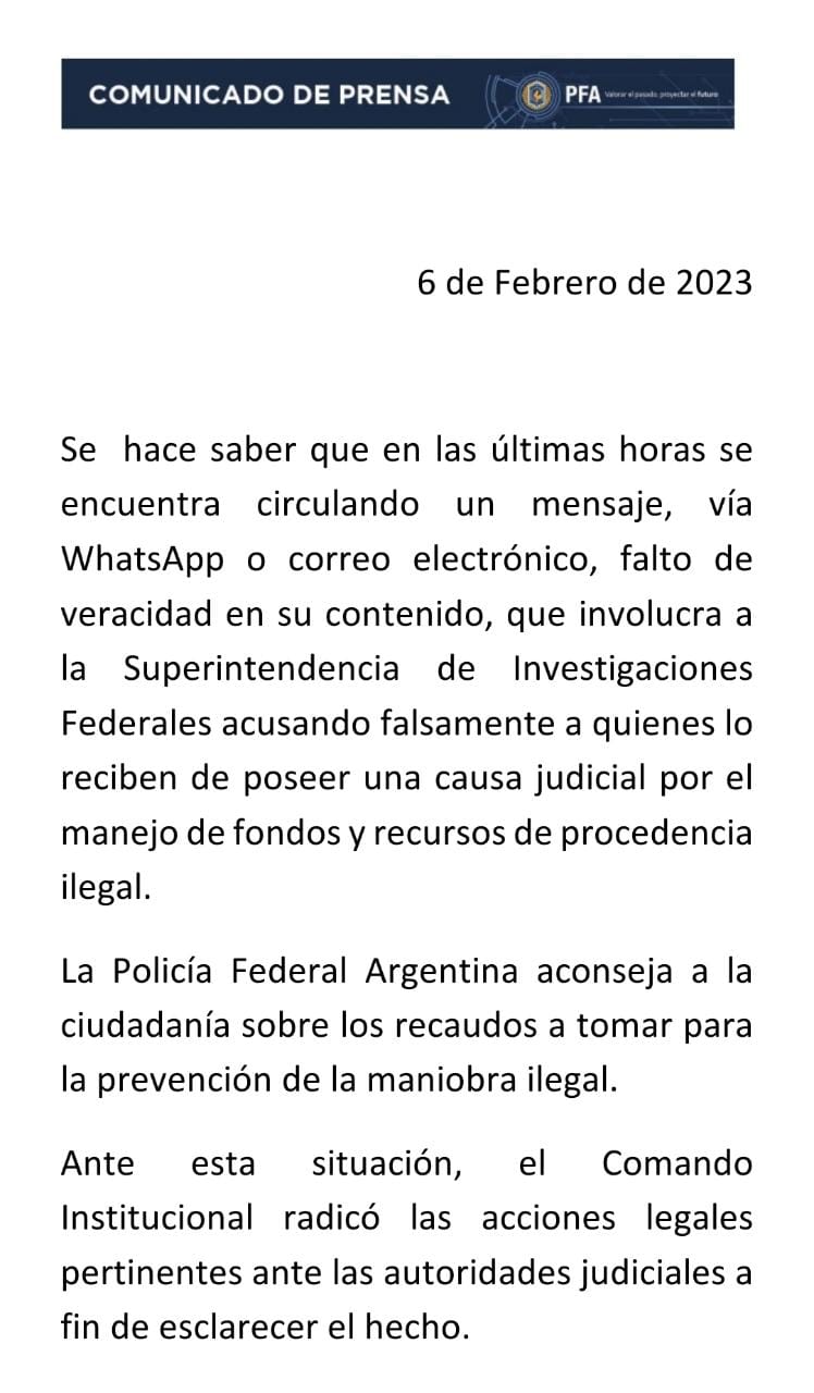 Por una cyber estafa la PFA emitió un comunicado de prensa | EL SINDICAL